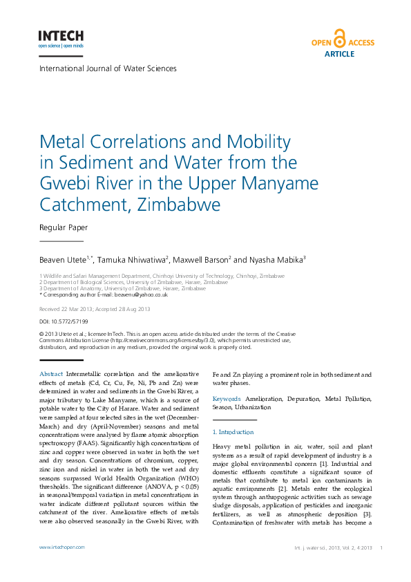 (PDF) Metal Correlations and Mobility in Sediment and Water from the ...