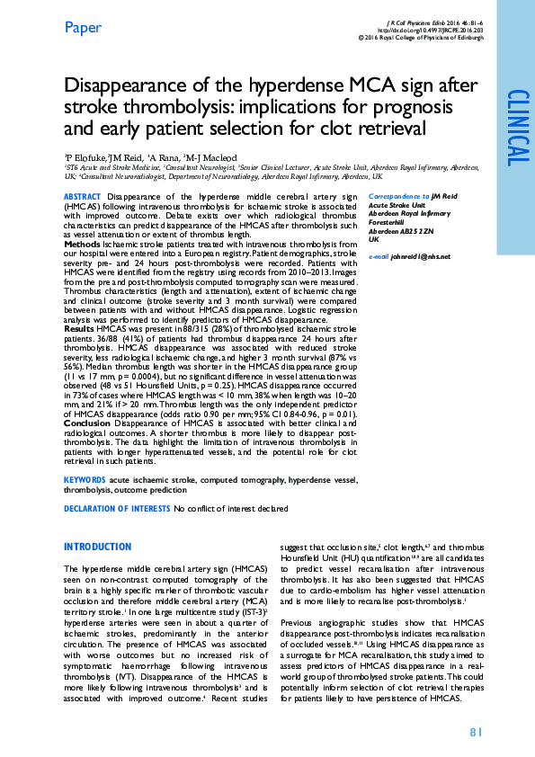 (PDF) Disappearance of the Hyperdense Mca Sign after Stroke ...