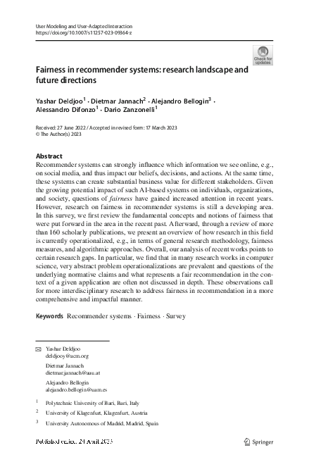(PDF) Fairness in recommender systems: research landscape and future directions