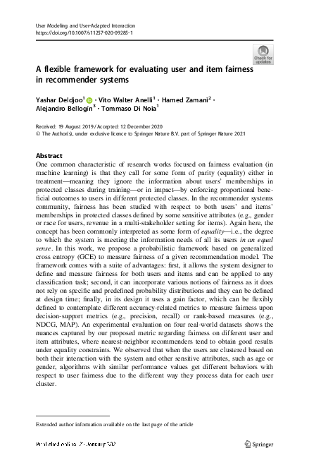(PDF) A flexible framework for evaluating user and item fairness in recommender systems