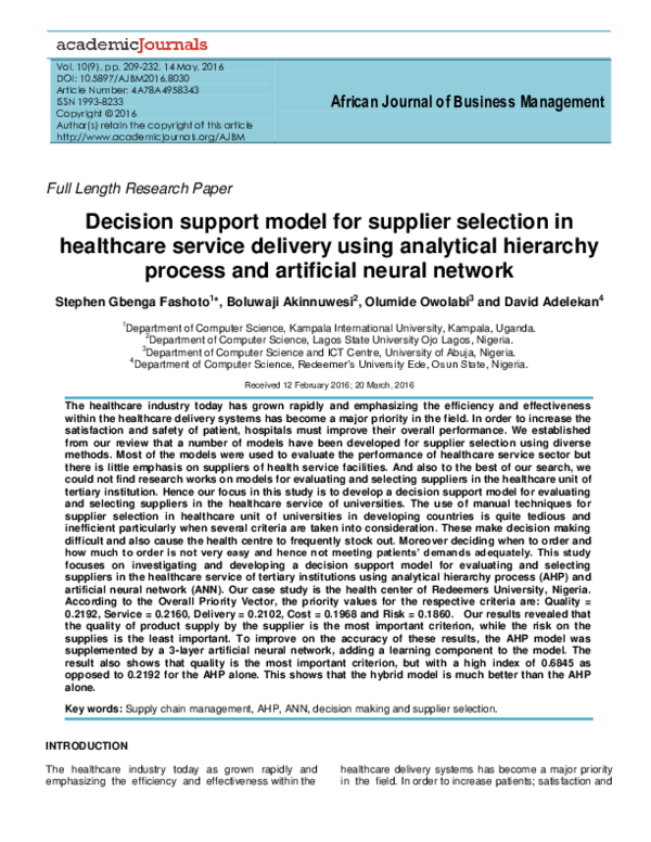 (PDF) Decision support model for supplier selection in healthcare service delivery using ...