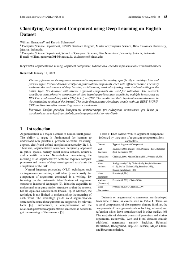 (PDF) Classifying Argument Component using Deep Learning on English Dataset