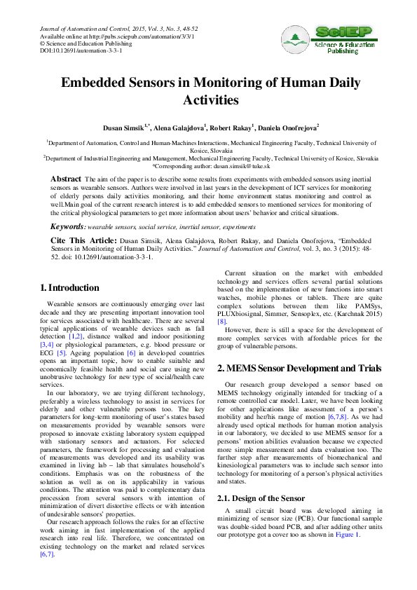 (PDF) Embedded Sensors in Monitoring of Human Daily Activities