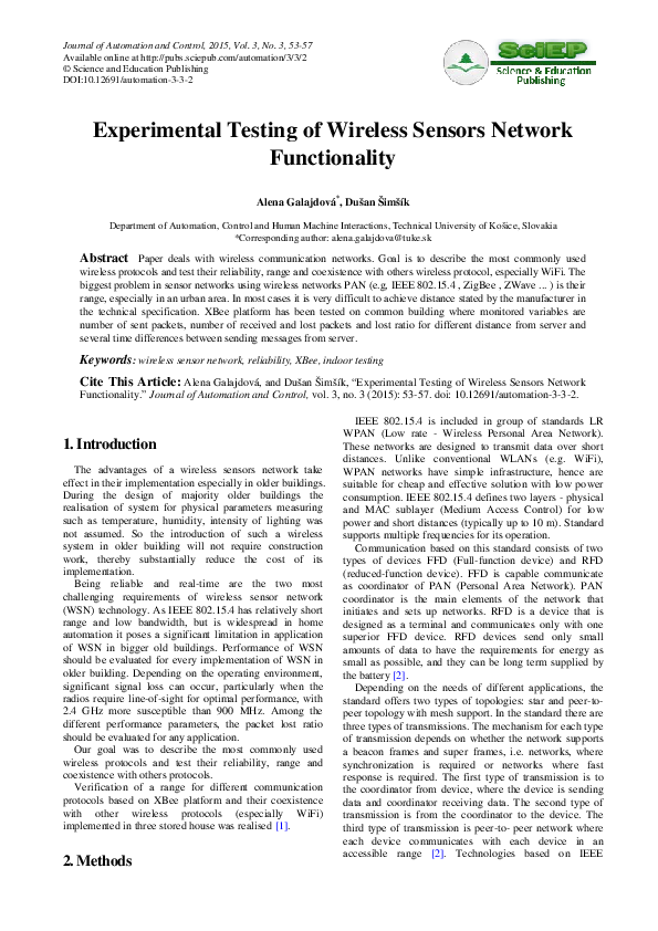 (PDF) Experimental Testing of Wireless Sensors Network Functionality