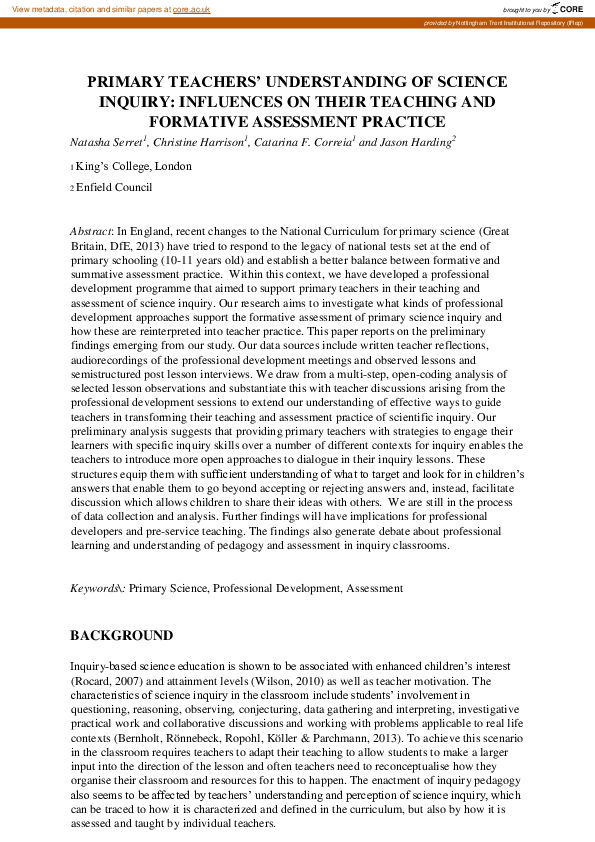 (PDF) Primary teachers’ understanding of science inquiry: influences on ...
