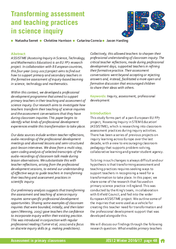 (PDF) Transforming assessment and teaching practices in science inquiry