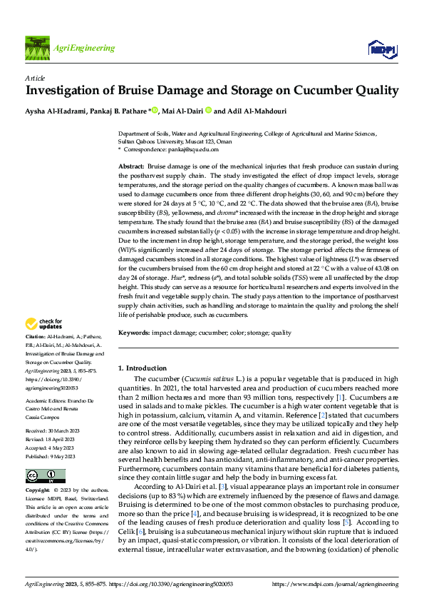 (PDF) Investigation of Bruise Damage and Storage on Cucumber Quality