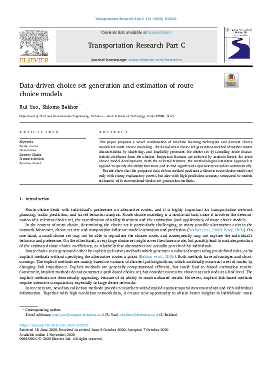 (PDF) Data-driven choice set generation and estimation of route choice models | Shlomo Bekhor ...