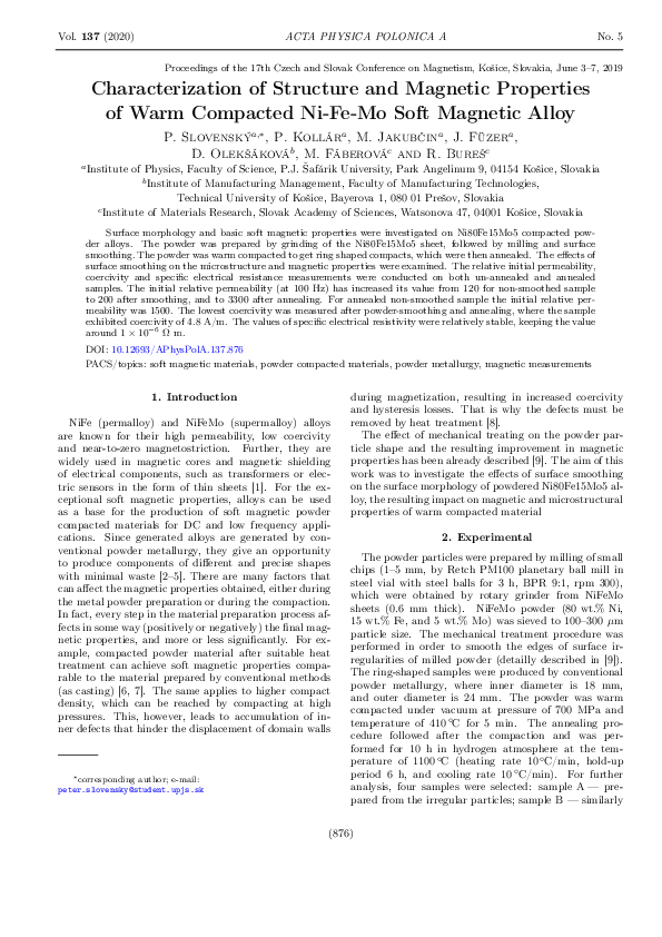 (PDF) Characterization of Structure and Magnetic Properties of Warm Compacted Ni-Fe-Mo Soft ...