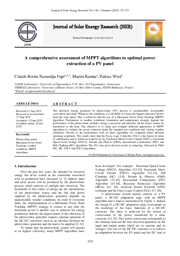 Pdf A Comprehensive Assessment Of Mppt Algorithms To Optimal Power Extraction Of A Pv Panel