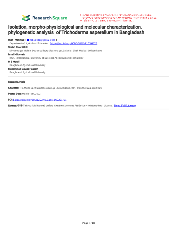 (PDF) Isolation, morpho-physiological and molecular characterization, phylogenetic analysis of ...