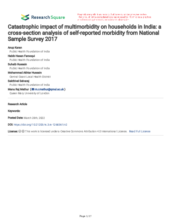 (PDF) Catastrophic impact of multimorbidity on households in India: a cross-section analysis of ...