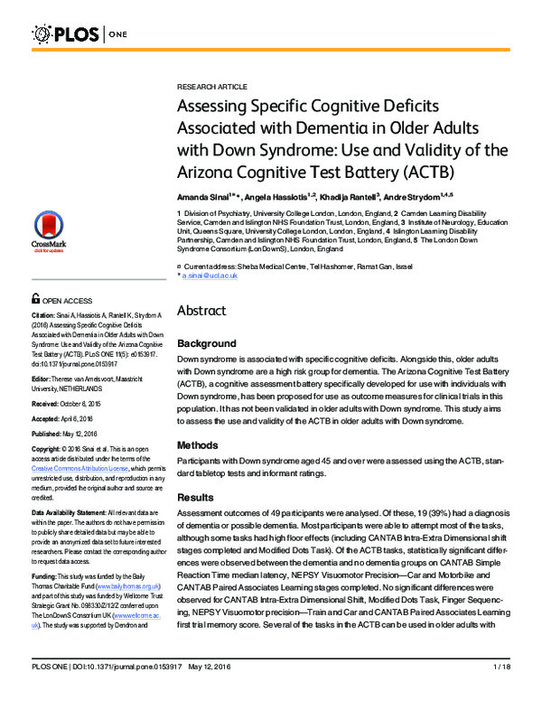 (PDF) Assessing Specific Cognitive Deficits Associated with Dementia in ...