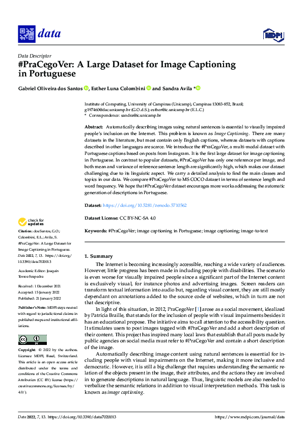 (PDF) #PraCegoVer: A Large Dataset for Image Captioning in Portuguese