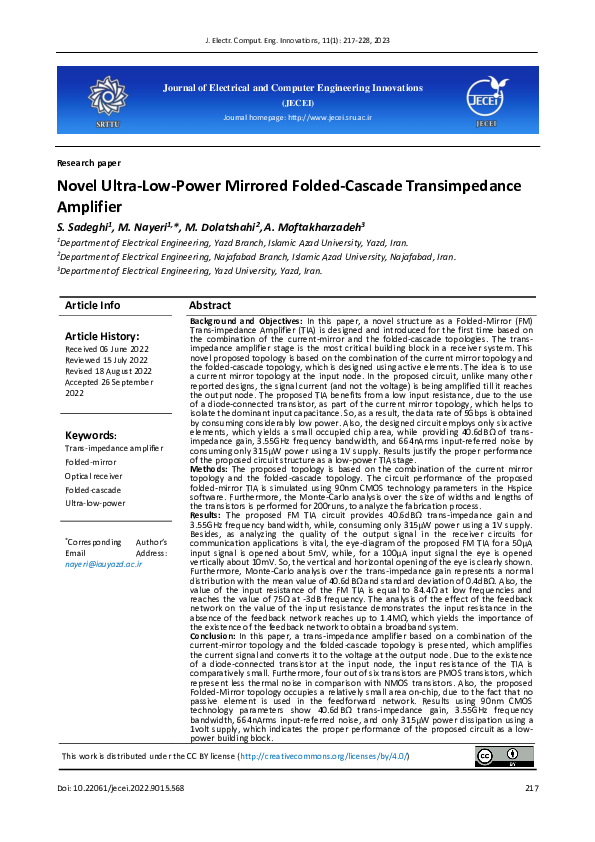 (PDF) Novel Ultra-Low-Power Mirrored Folded-Cascade Transimpedance Amplifier