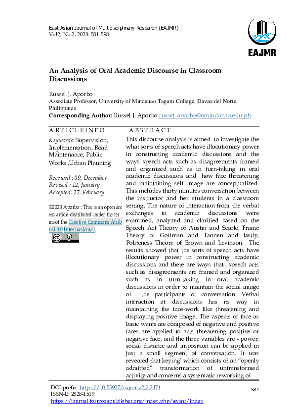 (PDF) An Analysis of Oral Academic Discourse in Classroom Discussions