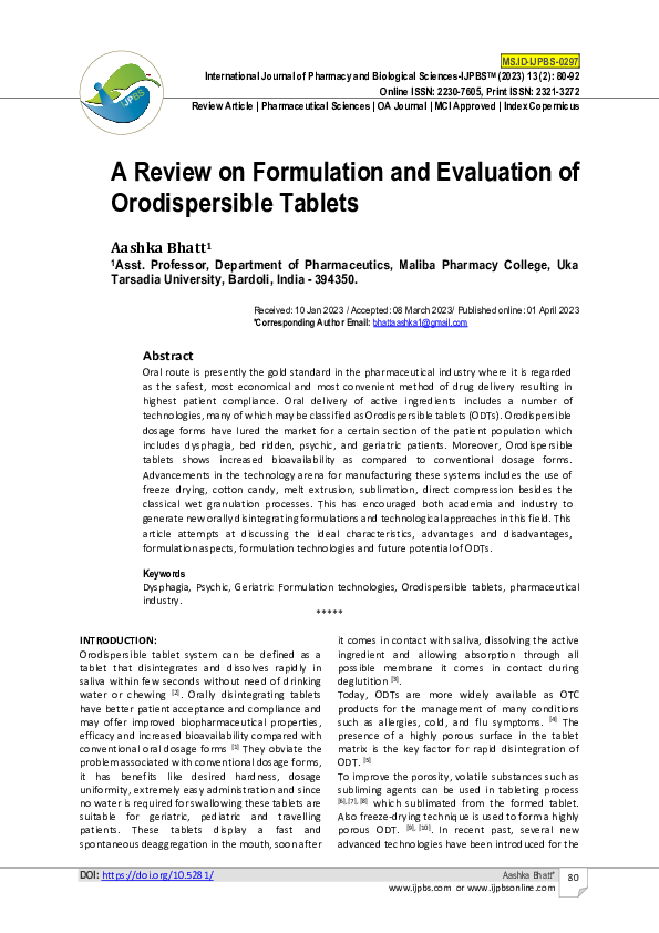 Pdf A Review On Formulation And Evaluation Of Orodispersible Tablets