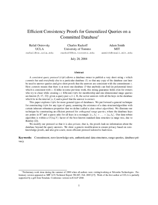 (PDF) Efficient Consistency Proofs for Generalized Queries on a Committed Database