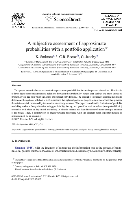 (PDF) A subjective assessment of approximate probabilities with a portfolio application
