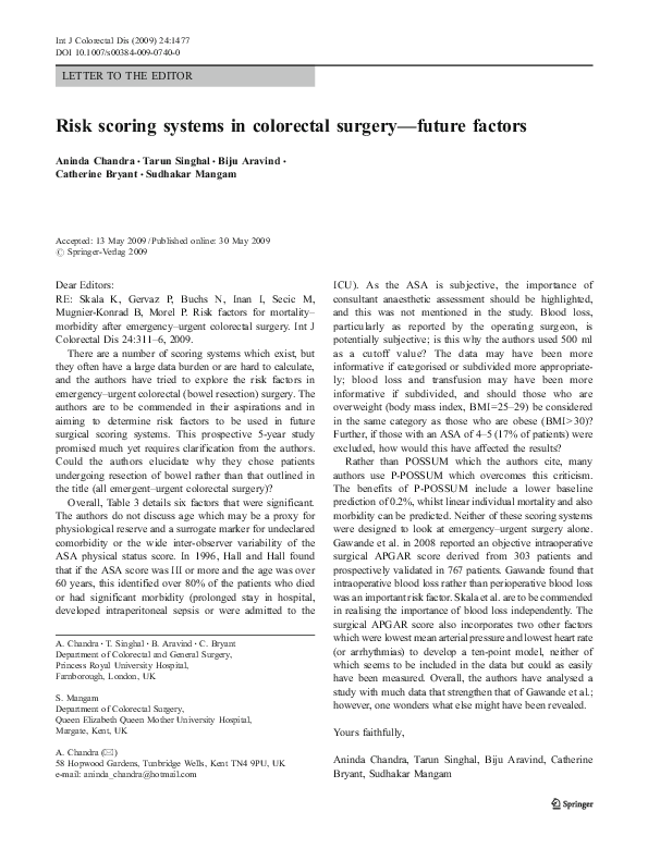 (PDF) Risk scoring systems in colorectal surgery—future factors | Aninda Chandra - Academia.edu
