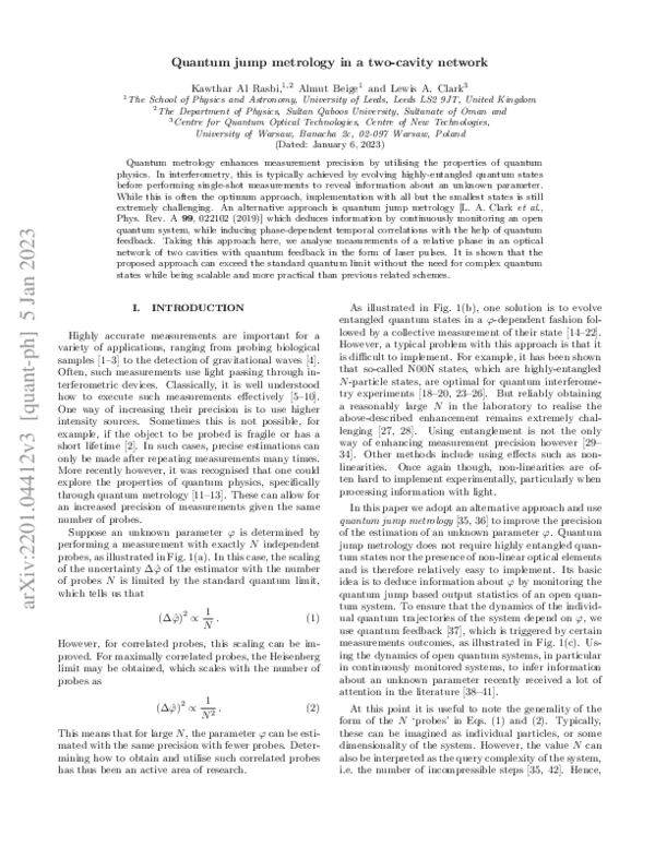 (PDF) Quantum jump metrology in a two-cavity network