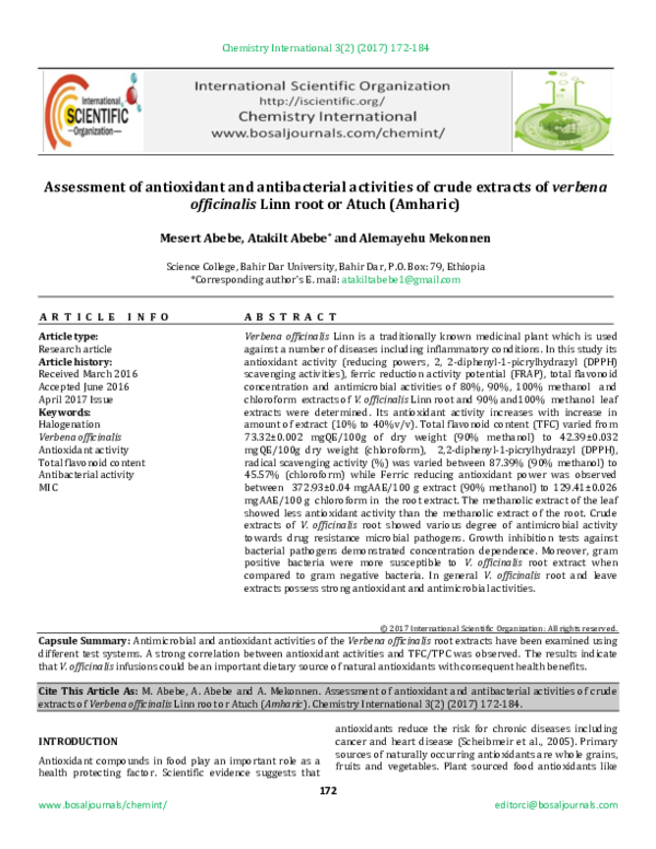 (PDF) Assessment of antioxidant and antibacterial activities of crude extracts of verbena ...