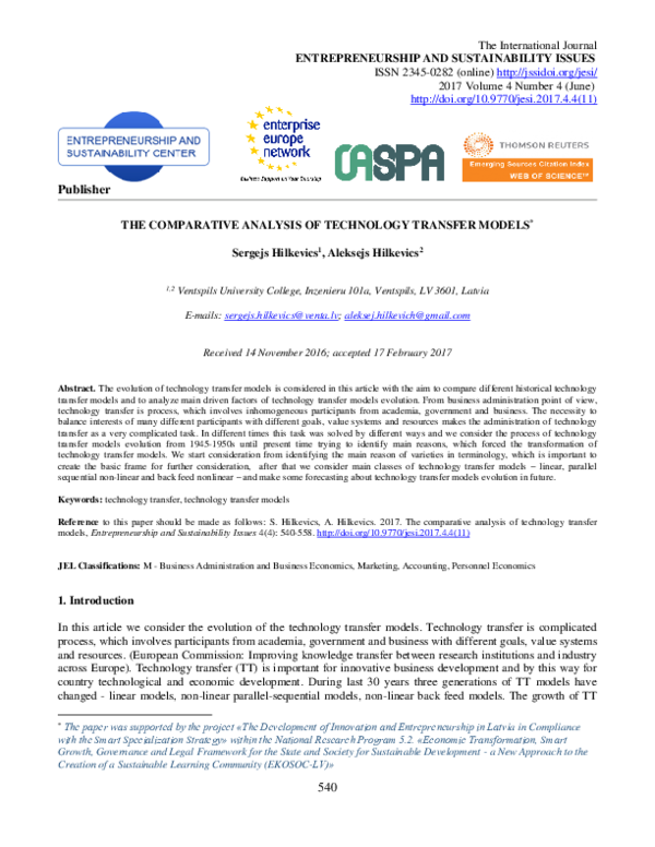 (PDF) The comparative analysis of technology transfer models