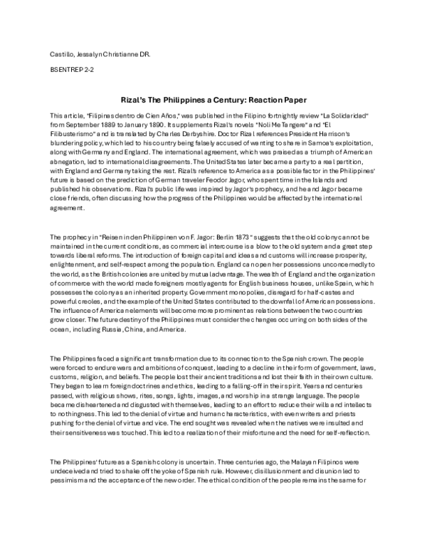 (PDF) Rizal's The Philippines a Century: Reaction Paper