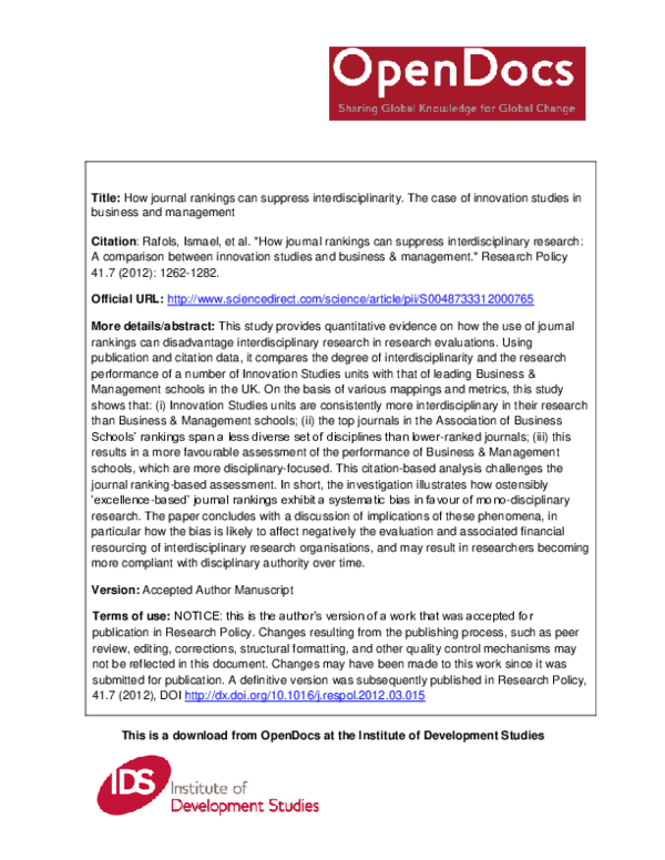 (PDF) How journal rankings can suppress interdisciplinary research: A ...