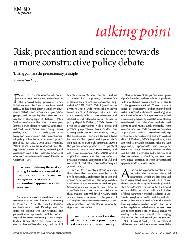 (PDF) Risk, precaution and science: towards a more constructive policy ...