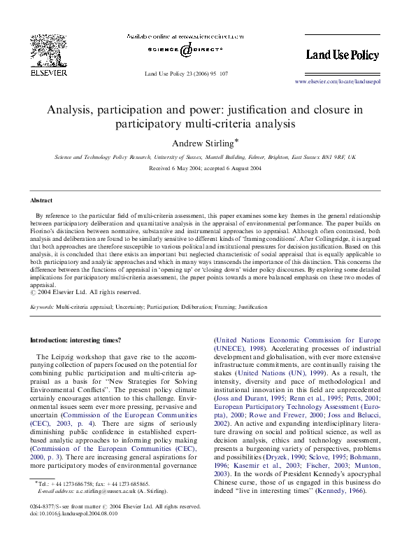 (PDF) Analysis, participation and power: justification and closure in participatory multi ...