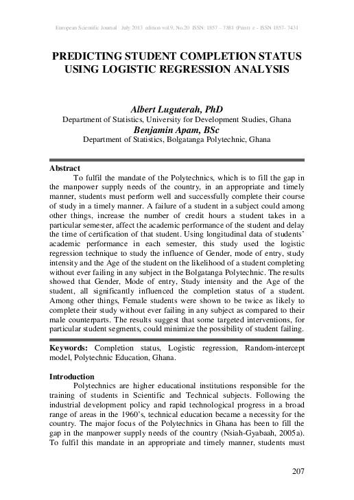 (PDF) Predicting Student Completion Status Using Logistic Regression Analysis | albert luguterah ...
