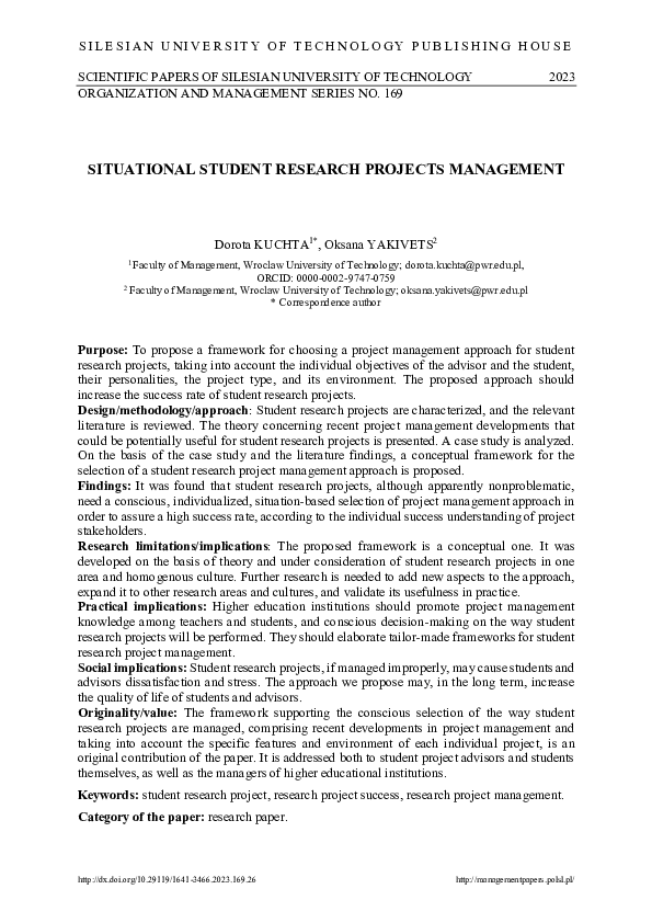 (PDF) Situational Student Research Projects Management