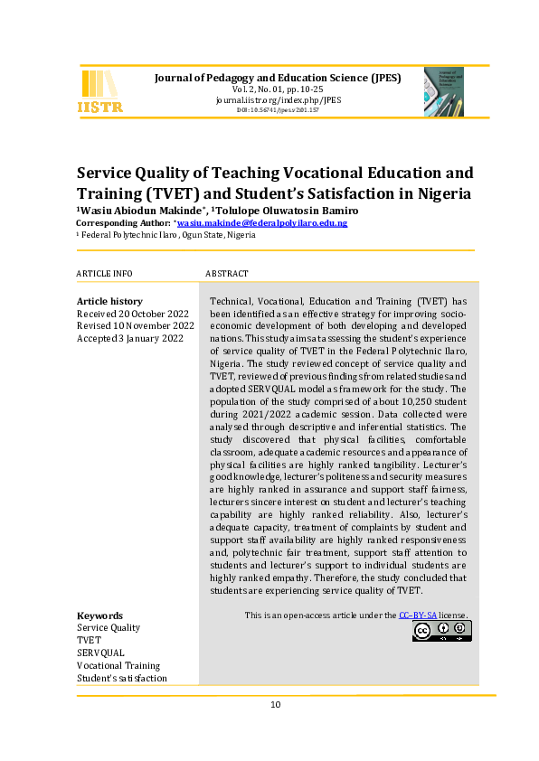 (PDF) Service Quality of Teaching Vocational Education and Training (TVET) and Student’s ...