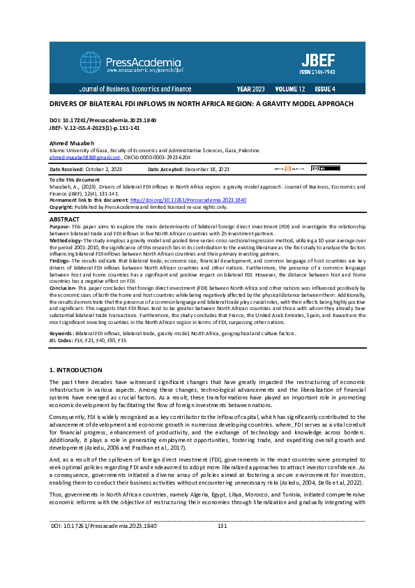 (PDF) DRIVERS OF BILATERAL FDI INFLOWS IN NORTH AFRICA REGION: A ...