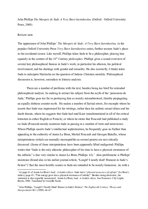 (DOC) Review note John Phillips The Marquis de Sade A Very Short ...