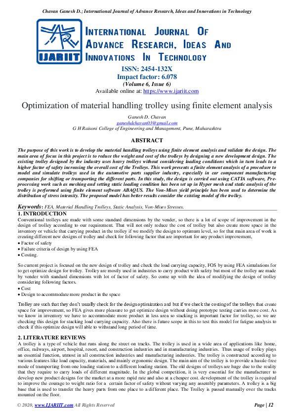Pdf Optimization Of Material Handling Trolley Using Finite Element Analysis