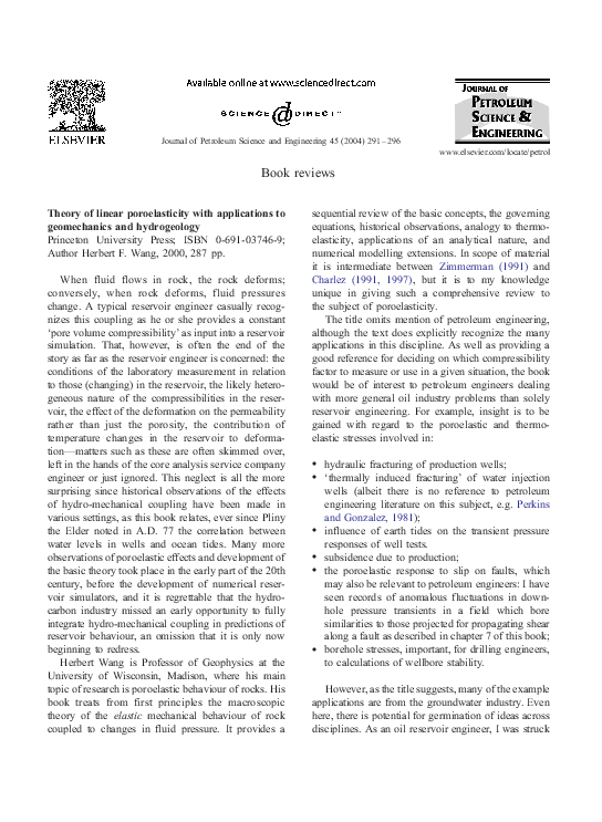 (PDF) Theory of linear poroelasticity with applications to geomechanics and hydrogeology