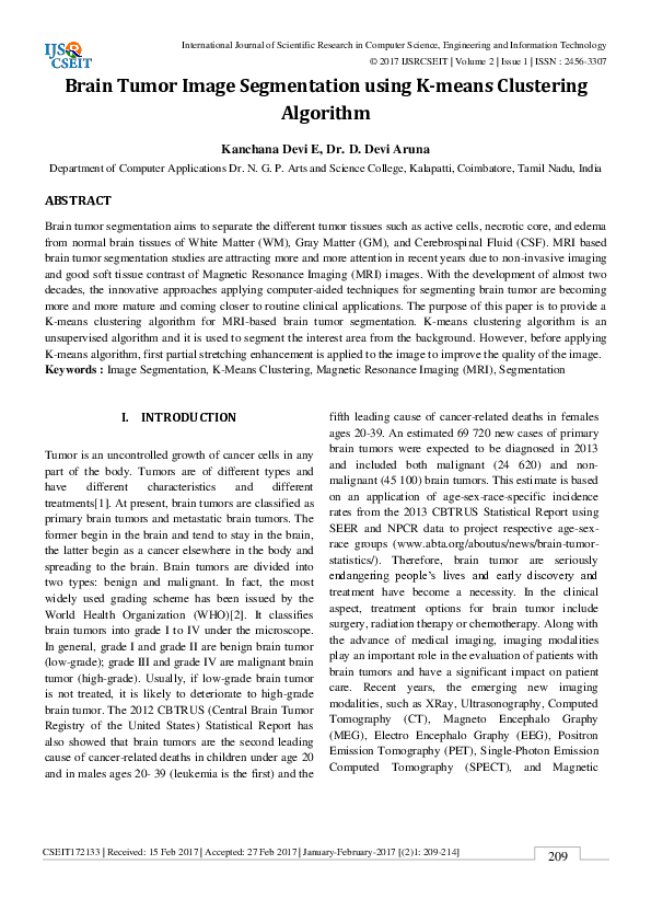 (PDF) Brain Tumor Image Segmentation using K-means Clustering Algorithm