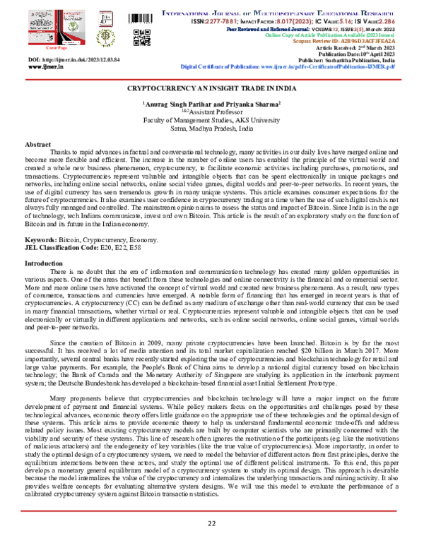 (PDF) CRYPTOCURRENCY AN INSIGHT TRADE IN INDIA