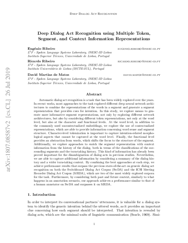 (PDF) Deep Dialog Act Recognition using Multiple Token, Segment, and ...