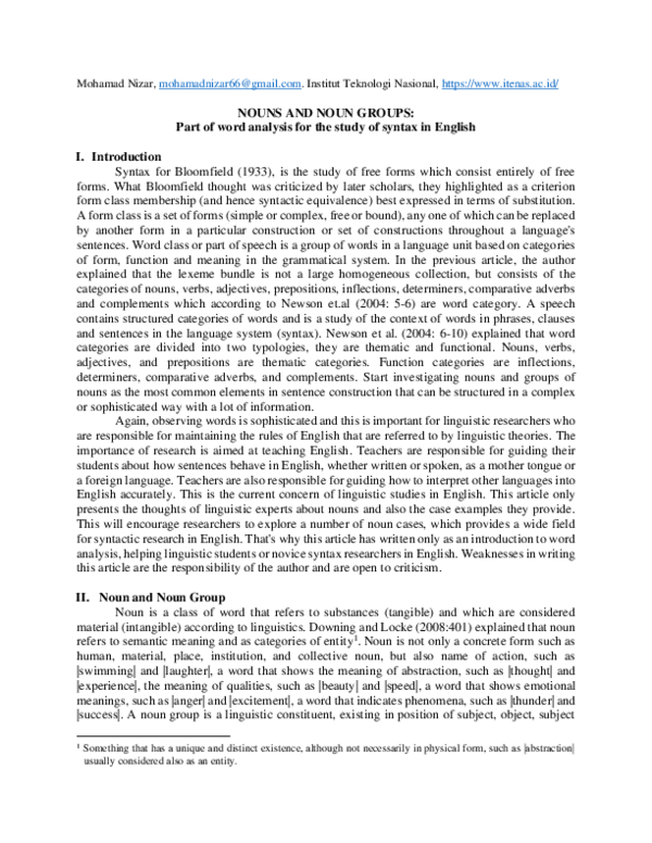 (PDF) NOUNS AND NOUN GROUPS: Part of word analysis for the study of syntax in English