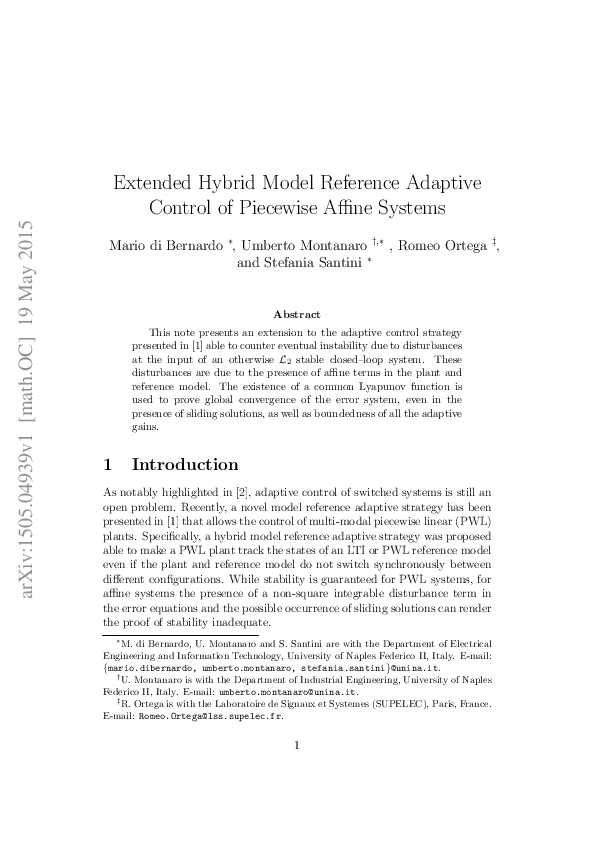 (PDF) Extended hybrid model reference adaptive control of piecewise affine systems