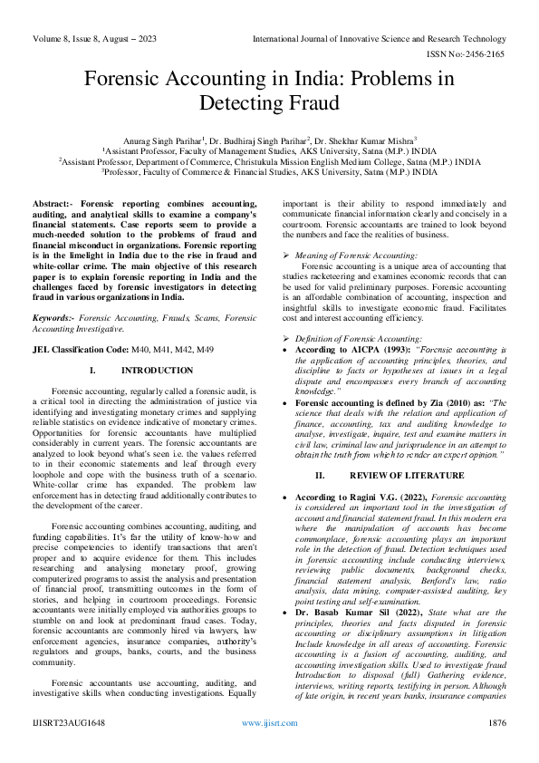 (PDF) Forensic Accounting in India Problem in Detecting Fraud
