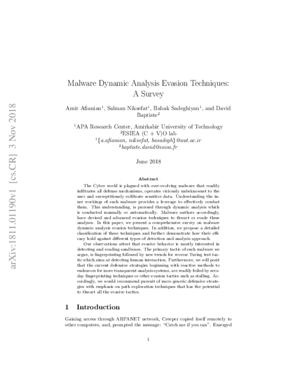 (PDF) Malware Dynamic Analysis Evasion Techniques