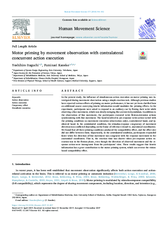(PDF) Motor priming by movement observation with contralateral ...