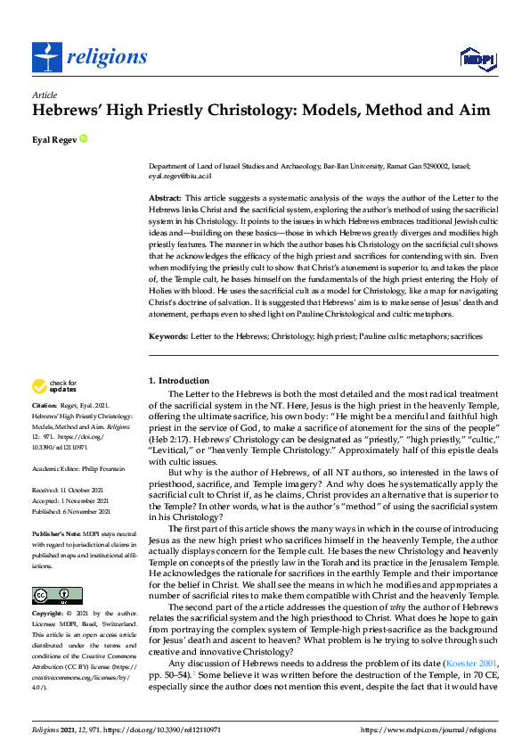 (PDF) Hebrews’ High Priestly Christology: Models, Method and Aim