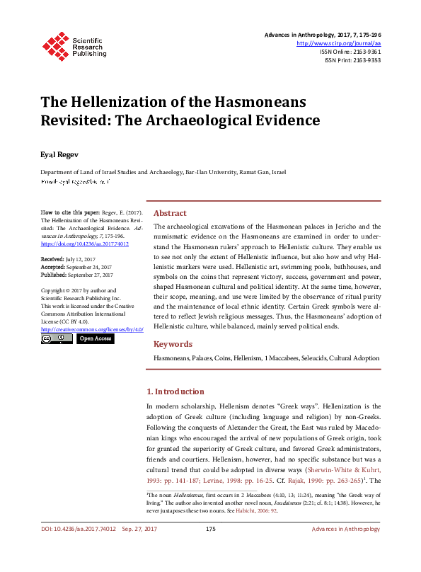 (PDF) The Hellenization of the Hasmoneans Revisited: The Archaeological ...