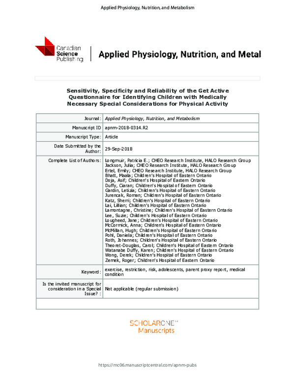 (PDF) Sensitivity, specificity, and reliability of the Get Active ...