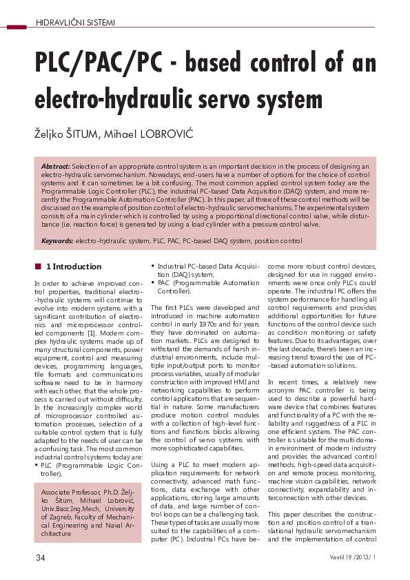 (PDF) PLC/PAC/PC - based control of an electro-hydraulic servo system